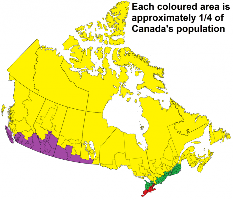 World map divided into 4 sections of equal population - Flytrippers