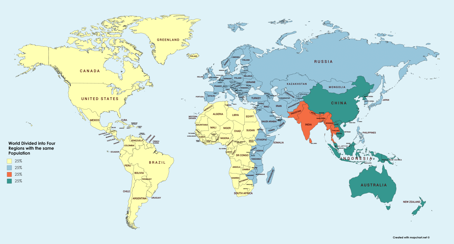 World map divided into 4 sections of equal population - Flytrippers